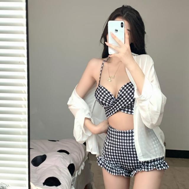 水着 スイムウェア ビキニ l ラッシュガード付き 千鳥格子 海 プール ビーチ 体型カバー 韓国ファッション エレガント