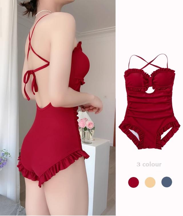水着 スイムウェア ワンピース水着 l 体型カバー 韓国ファッション リボン ガーリー 大人可愛い 3color