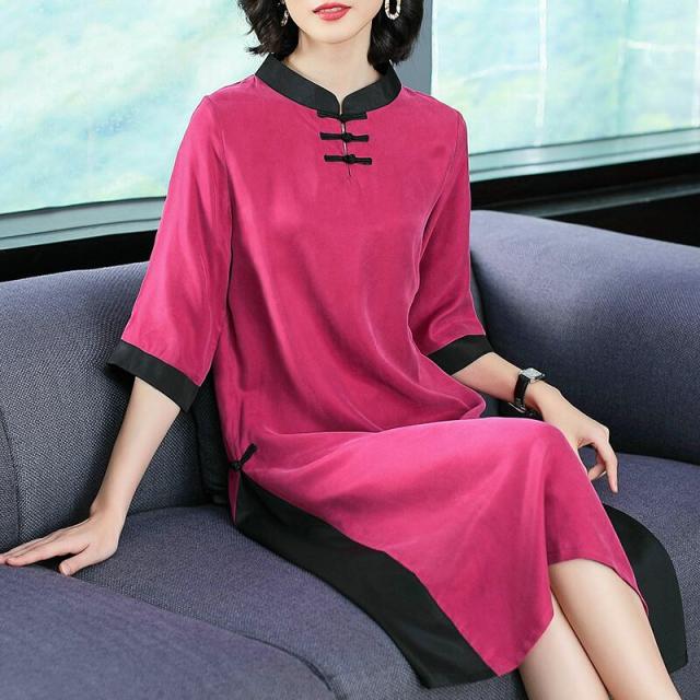 ドレス ワンピース チャイナドレス l ミモレ ミモレ丈 袖あり 半袖 5分袖 五分袖 スタンドカラー きれいめ シンプル 大人 上品 おしゃれ お洒