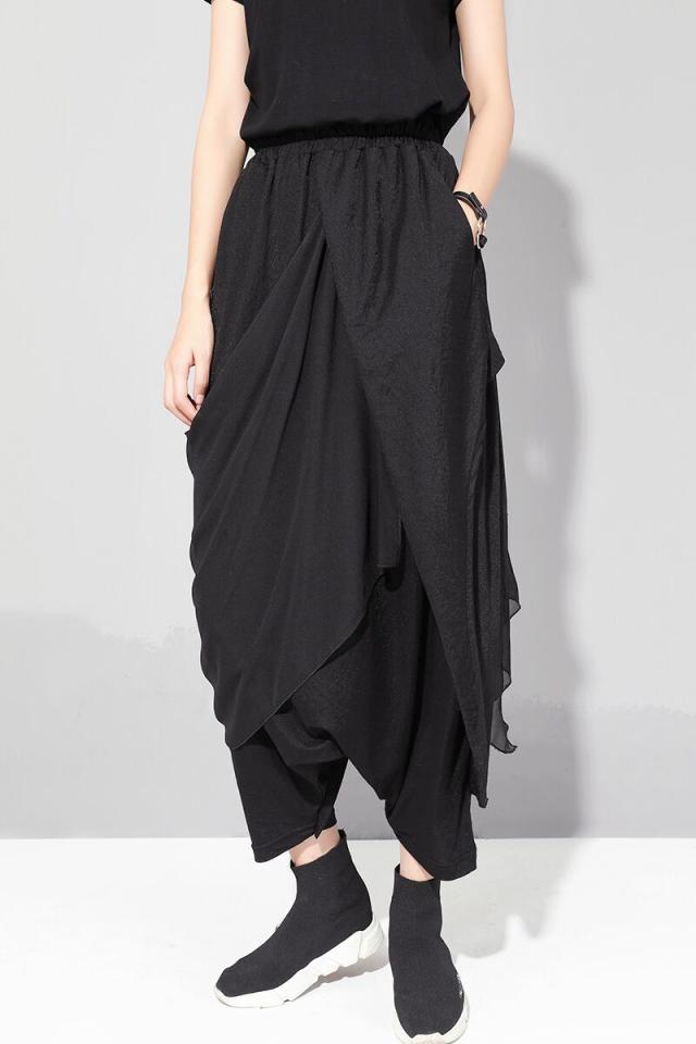 レディースサルエルパンツ アンクル丈 ウエストゴム ポケット付き l アシンメトリーデザイン アシメ イレギュラーヘム パンツ ボトムス オールシーズ