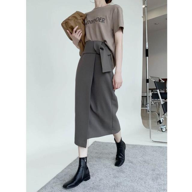 スカート ミドル丈 タイト l ベルト ウエストリボン スリット 綿 きれいめ シンプル 大人 上品 おしゃれ かっこいい 無地 春 秋 20代 30