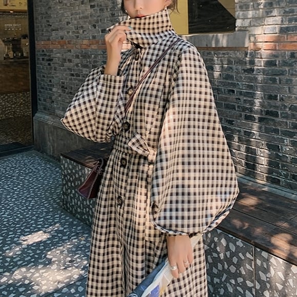 トレンチコート アウター レディース l ロング 薄手 チェック柄  ボリューム袖 格子柄 フレンチ レトロ 大人可愛い カジュアル きれいめ コーデ