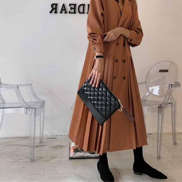 2色 アウター l コート ロング ワンピース ワンピ ドレス トレンチコート ダブルボタン 長袖 プリーツ 切り替え デザイン おしゃれ きれいめ