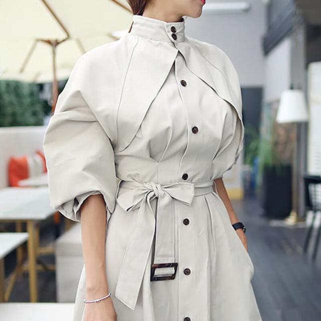 アウター コート ジャケット l ウインドブレーカー スタンドカラー ベルト付 シンプル 無地 レトロ 通勤 OL バットスリーブ 長袖