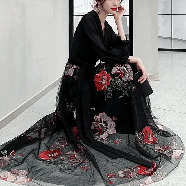 ドレス レディース パーティードレス l カジュアルドレス イブニングドレス ロング Aライン 袖あり 長袖 シースルー シフォン Vネック 花柄 ア