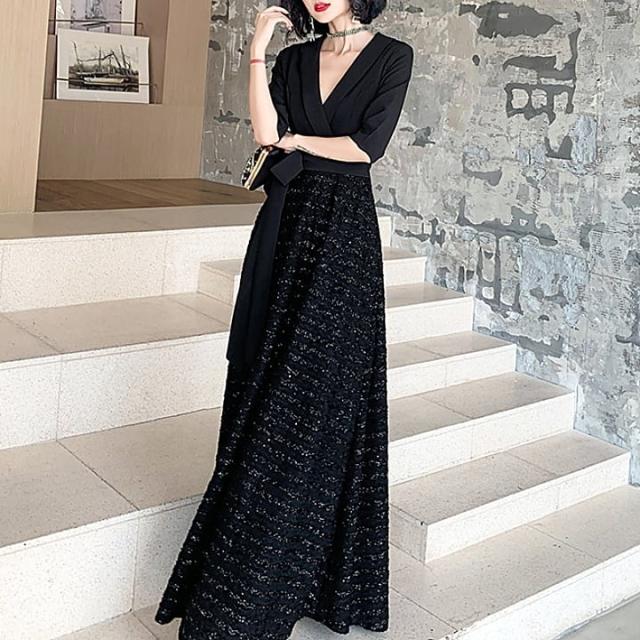 ドレス レディース パーティードレス l イブニングドレス ロング Aライン 袖あり 5分袖 ショールカラー ウエストリボン キラキラ フェミニン エ