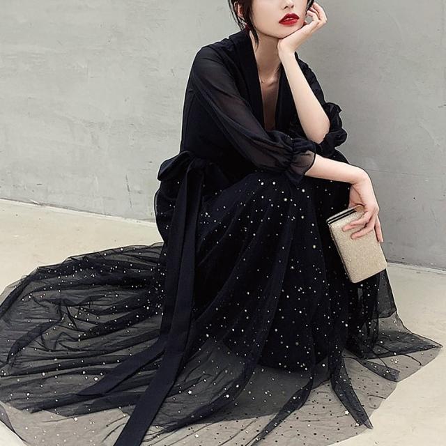 ドレス レディース パーティードレス l カジュアルドレス イブニングドレス ロング Aライン 袖あり 7分袖 Vネック ウエストリボン レース 透け