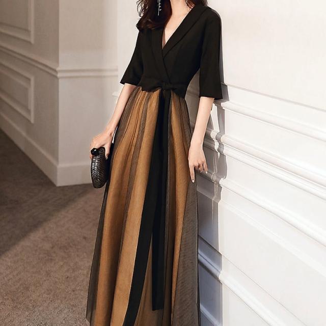 ドレス レディース パーティードレス l カジュアルドレス ロング Aライン 細身 スリム 袖あり 5分袖 Vネック ウエストリボン レース シック