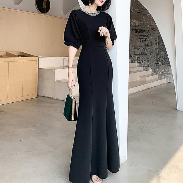 ドレス レディース パーティードレス l ロング マーメイドライン 細身 スリム 袖あり 半袖 Uネック シンプル シック モダン フェミニン ビジュ