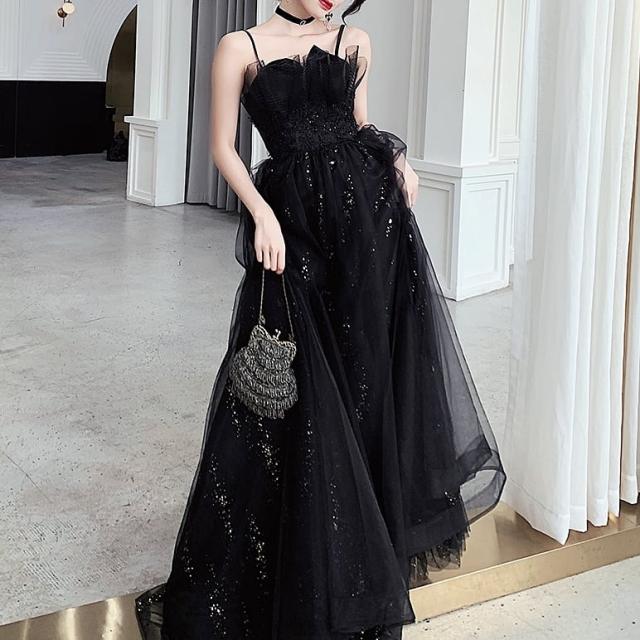 ドレス レディース パーティードレス l イブニングドレス Aライン ロング チュール シフォン 透け感 シースルー フリル ハイウエスト ラグジュア