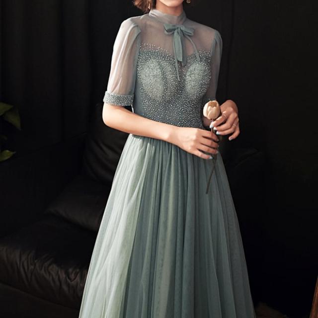 ドレス レディース パーティードレス l カジュアル ロング Aライン シフォン 透け感 シースルー ボトルネック リボン ビーズ キラキラ 柔らかい