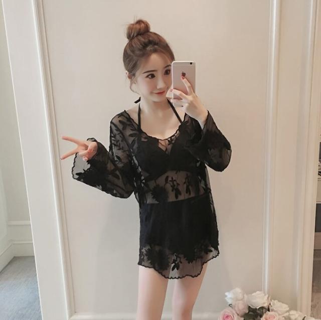 ハイウエストビキニ 水着 ビキニ l 羽織り ワンピース セパレート ホルターネック 体系カバー 二の腕カバー 長袖 レース 胸元 谷間 谷間魅せ 盛