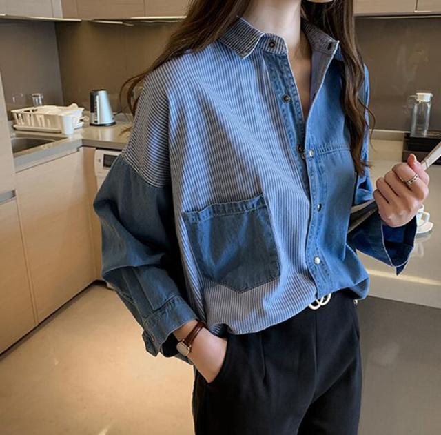 デニムストライプシャツ トップス シャツ l 綿 デニム カジュアル 大人 上品 ストライプ 春 秋 10代 20代 30代 レディース 学生 デート