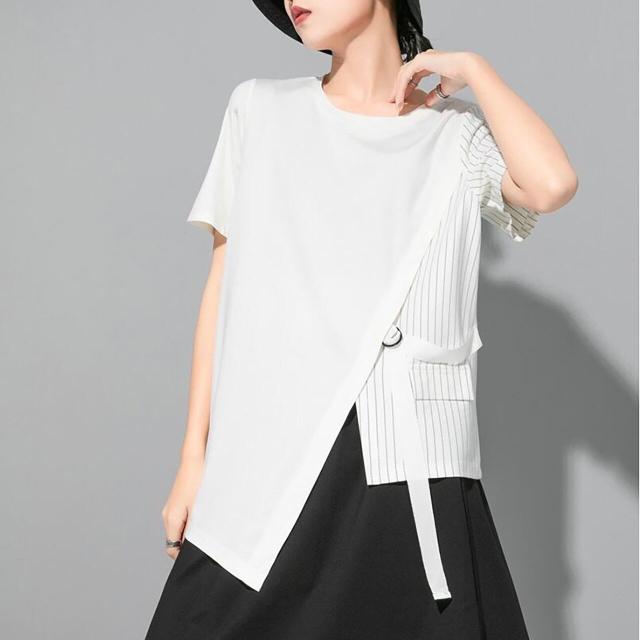 トップス Tシャツ オーバーサイズ l クルーネック 半袖 アシンメトリー 切り替え 個性的 無地 ストライプ ゆったり 大きいサイズ ルーズ 大人可
