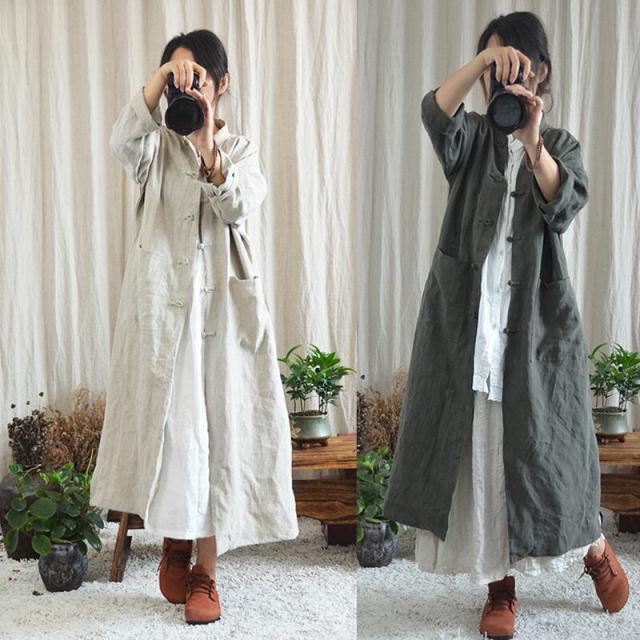 レディース ロング シャツ l 麻 リネン ロング丈 スタンドカラー 羽織り 羽織 リネン コットン アースカラー ナチュラル シンプル 無地 軽い