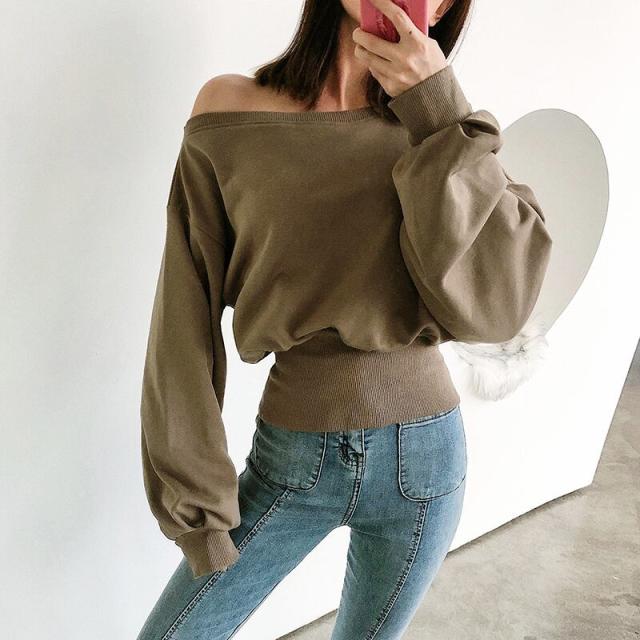 トップス プルオーバー オフショルダー l トレーナー ショート丈 オフショル ワンショル 2way ドロップショルダー ウエストシェイプ タイト パ