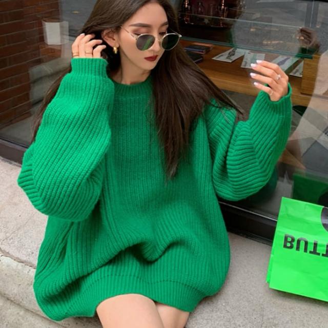 4色 トップス ニット l クルーネック オーバーサイズ ダボダボ ゆったり セーター 黒 ベージュ グレー 緑 ブラック グリーン 長袖 おしゃれ