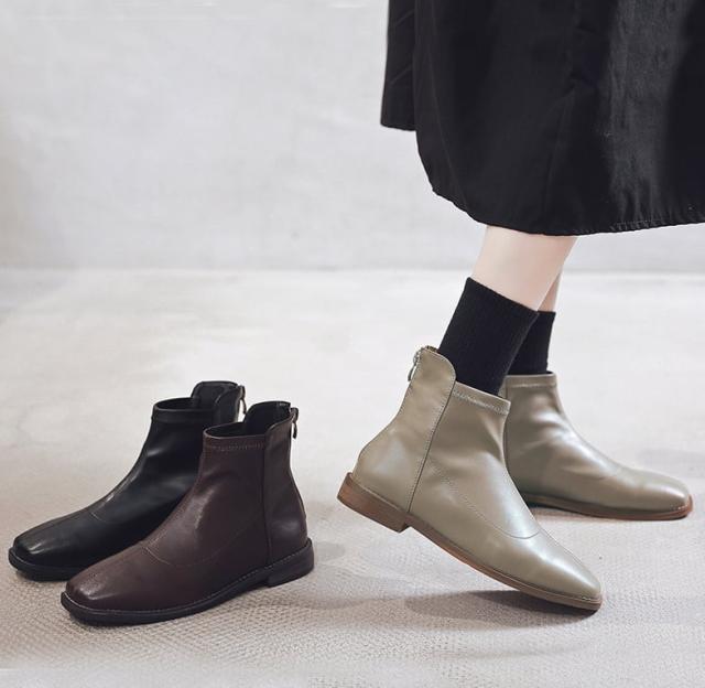 フラット スクエアトゥ レザー l シューズ 靴 くつ クツ ブーツ 2cmヒール ローヒール 歩きやすい 裏ボア 暖かい かわいい 大人可愛い シン