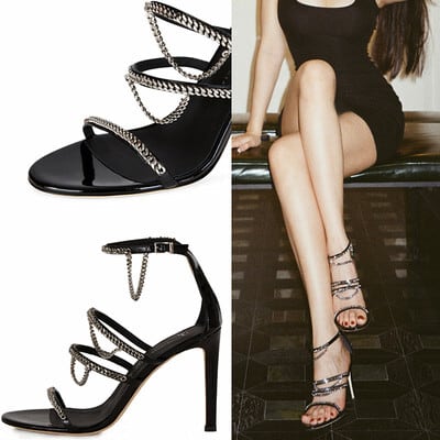 チェーン ハイヒール サンダル l 靴 くつ 8.5cm 9.5cmヒール ピンヒール ラウンドトゥ ストラップ ベルト ビジュー キラキラ 美脚 脚