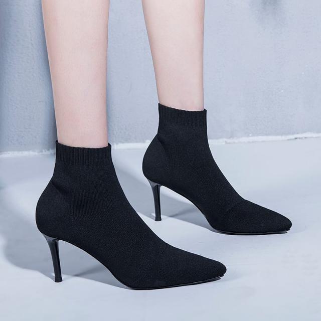 ピンヒール ショート ソックスブーツ l ショートブーツ ハイヒール 7cmヒール ポインテッドトゥ 歩きやすい 美脚 脚長 かわいい 大人可愛い き