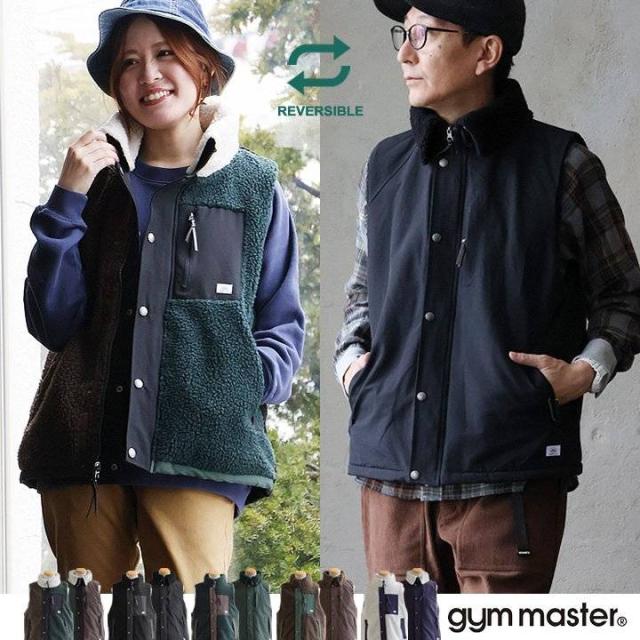gym master ジムマスター ベスト ボアベスト メンズ レディース ハイネック リバーシブル ボア フード収納 クレイジー 異素材切り替え 暖かい 防寒 防風 重ね着 レイヤード カジュアル アウトドア メンズライク パティ