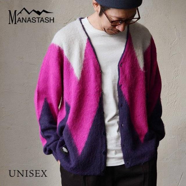 MANASTASH マナスタッシュ カーディガン カーデ ニット メンズ レディース Vネック 配色切り替え アクリル 起毛 暖かい 保温性 ゆったり 大きいサイズ 体型カバー カジュアル 秋 冬 パティ