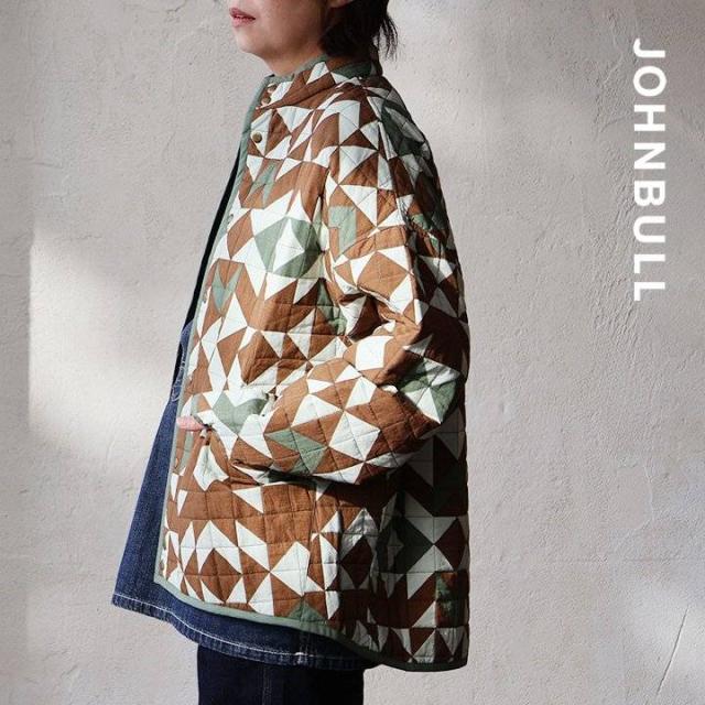 Johnbull ジョンブル ジャケット キルトジャケット レディース 幾何学柄 配色 手作業 綿100 コットン 薄中綿 暖かい 軽い すっきり 大きいサイズ 体型カバー カジュアル ミリタリー 秋 冬 パティ
