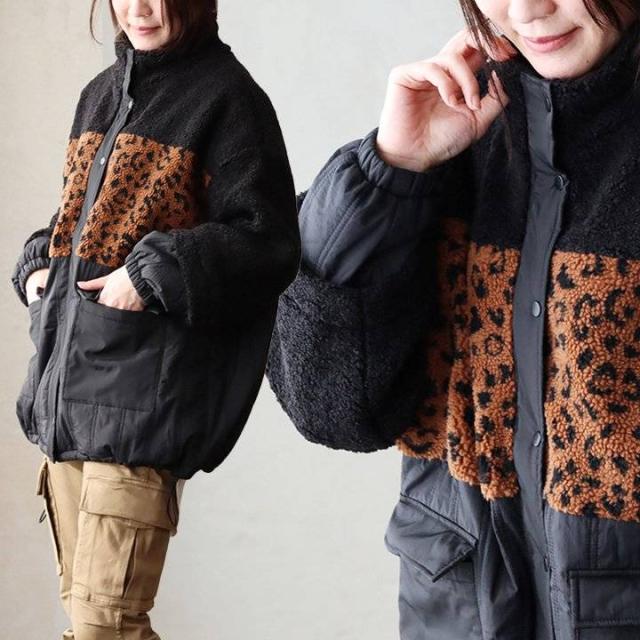 ボアジャケット 長袖 ハイネック レディース ボア ナイロン 中綿 レオパード 異素材切り替え 裏地付き 暖かい 保温性 軽い ゆったり 大きいサイズ 体型カバー カジュアル 秋 冬 パティ