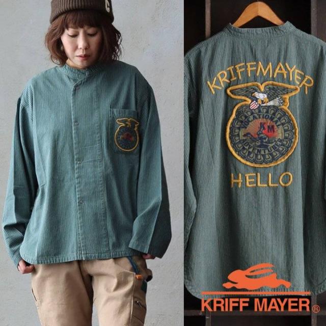 KRIFF MAYER クリフメイヤー シャツジャケット 長袖 レディース スタンドネック 変則 デザイン リング ドットボタン ヒッコリー 製品染め 綿100 コットン 薄手 軽い ゆったり お尻隠れる 体型カバー カジュアル ヴィンテージ アメカジ メンズライク パティ