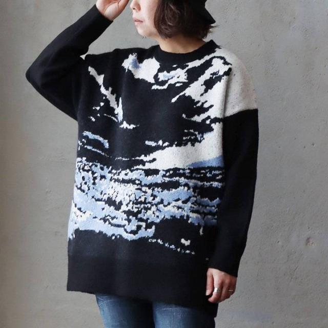 ニット 長袖 レディース クルーネック ゆったり プルオーバー ジャガード 風景画 柄編み セーター デザインニット オーバーサイズ カジュアル 秋 冬 パティ