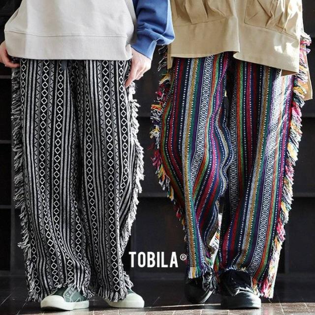 パンツ ワイドパンツ ストレート レディース ジャガード ストライプ 民族調 フリンジ デニムリボン ポリエステル コットン 裏地付き ウエストゴム ゆったり 大きいサイズ 体型カバー カジュアル パティ TOBILA トビラ