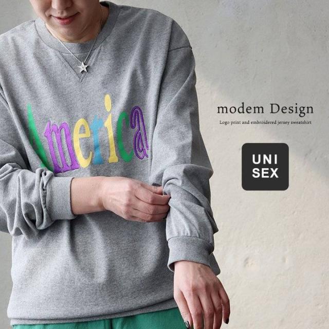 スウェット トレーナー 長袖 メンズ レディース クルーネック Vガゼット 刺繍 プリント 配色 綿100 コットン 天竺 伸縮性 軽い ゆったり 大きいサイズ カジュアル パティ modem Design モデムデザイン