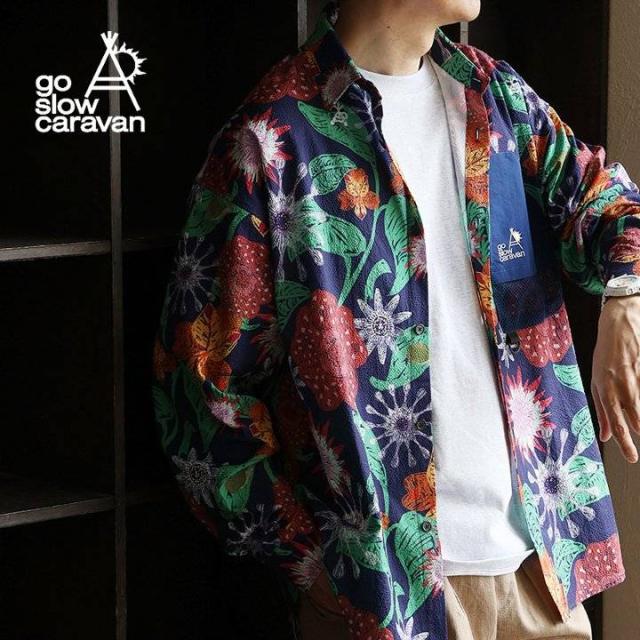 go slow caravan ゴースローキャラバン シャツ 長袖 メンズ レディース お尻隠れる フラワー柄 カラフル シアサッカー ポリエステル 涼しい 軽い 通気性 大きいサイズ 体型カバー カジュアル パティ