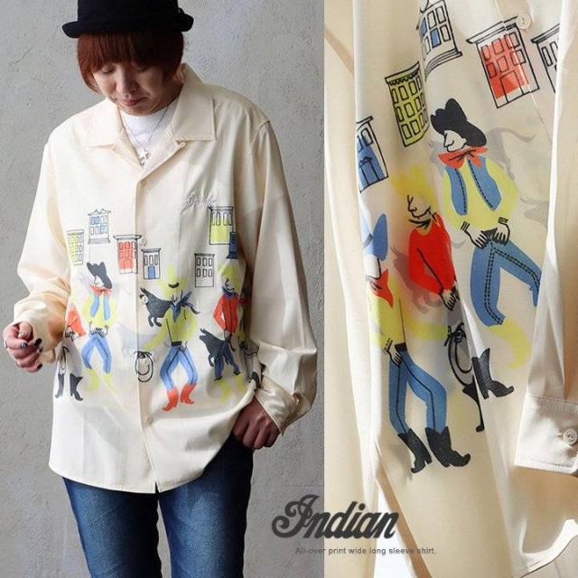 シャツ 長袖 開襟 オープンカラー メンズ レディース ポリエステル 薄手 軽い プリント カウボーイ 総柄 ゆったり 大きいサイズ 体型カバー カジュアル 春 パティ