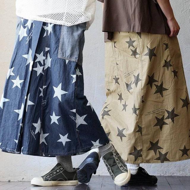 スカート フレア ラップスカート ロング丈 レディース 星 スター 無地 切り替え 綿100 コットン 薄手 軽い ウエストゴム ゆったり ラクチン 大きいサイズ 体型カバー カジュアル アメカジ 夏 パティ CUBE SUGAR キューブシュガー