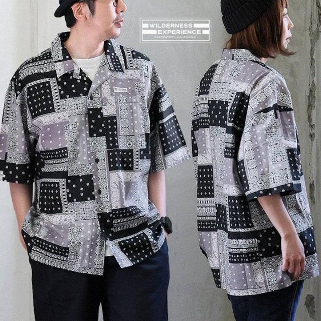シャツ 5分袖 メンズ レディース バンダナ柄 パッチワーク 総柄 綿100 コットン 薄手 軽い 涼しい ゆったり 大きいサイズ 体型カバー カジュアル 夏 パティ WILDERNESS EXPERIENCE ウィルダネスエクスペリエンス