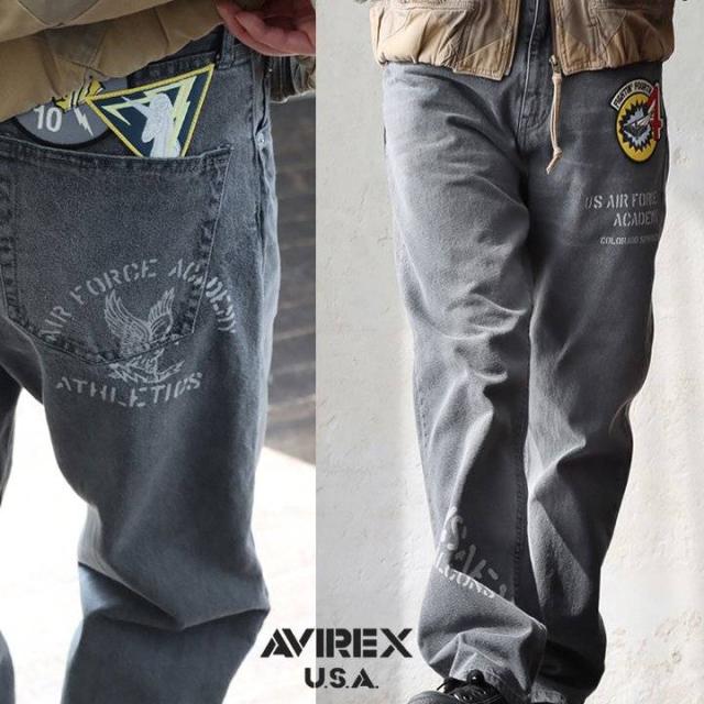AVIREX アヴィレックス パンツ ストレート レギュラーデニム メンズ レディース ステンシルプリント ロゴ パッチ ワッペン 綿100 コットン しっかり生地 ノンストレッチ 5ポケット 大きいサイズ すっきり カジュアル アメカジ ヴィンテージ パティ
