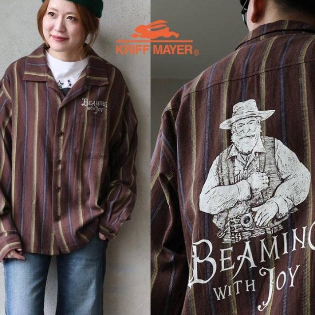 KRIFF MAYER クリフメイヤー シャツ 長袖 メンズ レディース オープンカラー ストライプ 配色 バックプリント ロゴ 綿100 コットン 薄手 フランネル 微起毛 軽い 大きいサイズ 重ね着 カジュアル レトロ 秋 冬 パティ