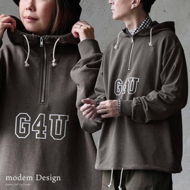 パーカー 長袖 メンズ レディース ハーフジップ コットン ポリエステル 裏毛 スウェット ロゴプリント 伸縮性 ゆったり 大きいサイズ 体型カバー カジュアル 秋 冬 パティ modem Design モデムデザイン