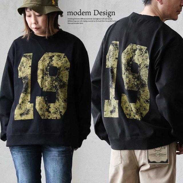 スウェット トレーナー メンズ レディース クルーネック かすれプリント 数字 綿100 コットン ドライ 大きいサイズ カジュアル アメカジ ヴィンテージ 秋 冬 春 パティ modem Design モデムデザイン