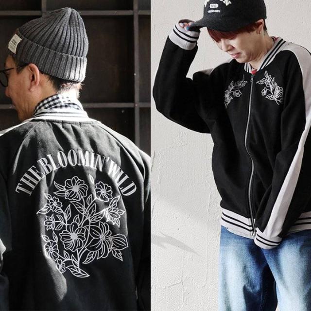 ジャケット スーベニアジャケット スカジャン メンズ レディース 花刺繍 配色 リブライン ロゴ フェイクスウェード 大きいサイズ ゆったり カジュアル 秋 冬 春 パティ