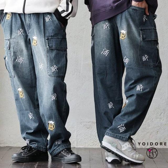 カーゴパンツ ストレート メンズ レディース デニム 刺繍 綿100 コットン ポケット ウエストゴム ゆったり 大きいサイズ カジュアル 秋 冬 春 パティ YOIDORE ヨイドレ