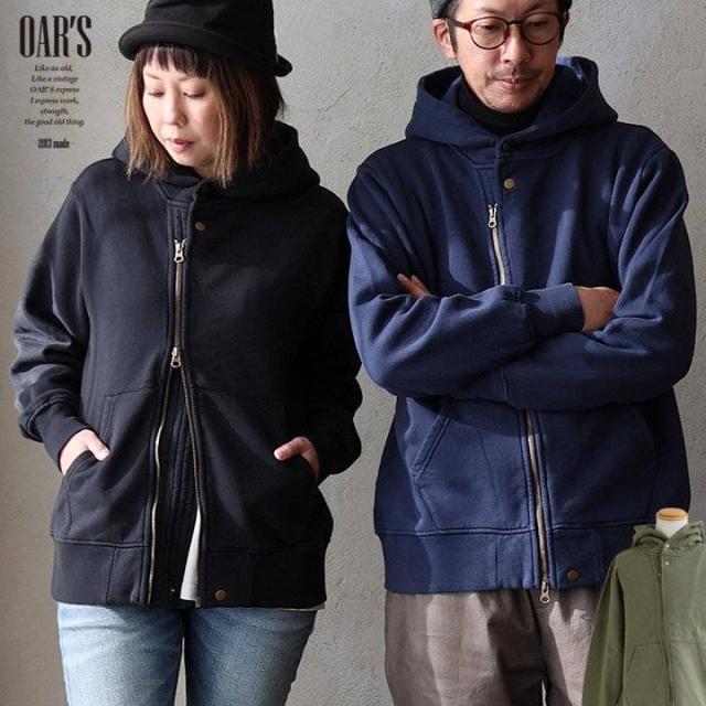 ライダース パーカー メンズ レディース スウェット 暖かい 裏起毛 しっかり 丈夫 USA コットン 綿100％ 長袖 かっこいい 活性染め ジップアップ アメカジ バイカー ダブルジップ リブ ネコ プリント スエット パティ OAR’S オールズ