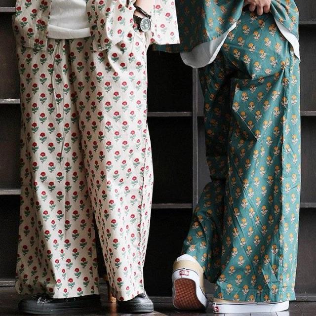 パンツ ワイド ストレート レディース セットアップ 花柄 プリント レトロ 綿100 コットン 薄手 通気性 軽い 涼しい ウエストゴム ゆったり 大きいサイズ 体型カバー すっきり カジュアル 夏 パティ sandy サンディー