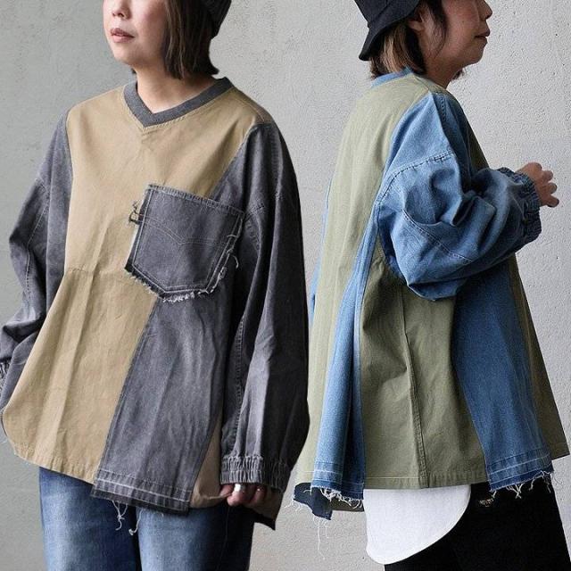 カットソー 長袖 レディース Vネック リメイク風 綿100 コットン ツイル デニム 異素材切り替え ゆったり 大きいサイズ 体型カバー カジュアル 秋 冬 パティ