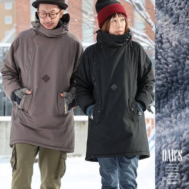 暖かい 裏ボア コート メンズ レディース アノラック風 斜めジップ ダブルジップアップ ハイネック フード ミドル丈 撥水 防風 軽い 60/40クロス ジップポケット 内ポケット 袖リブ ラグラン アウター おしゃれ 自転車 ミリタリー カジュアル 冬 パティ OAR’S オールズ