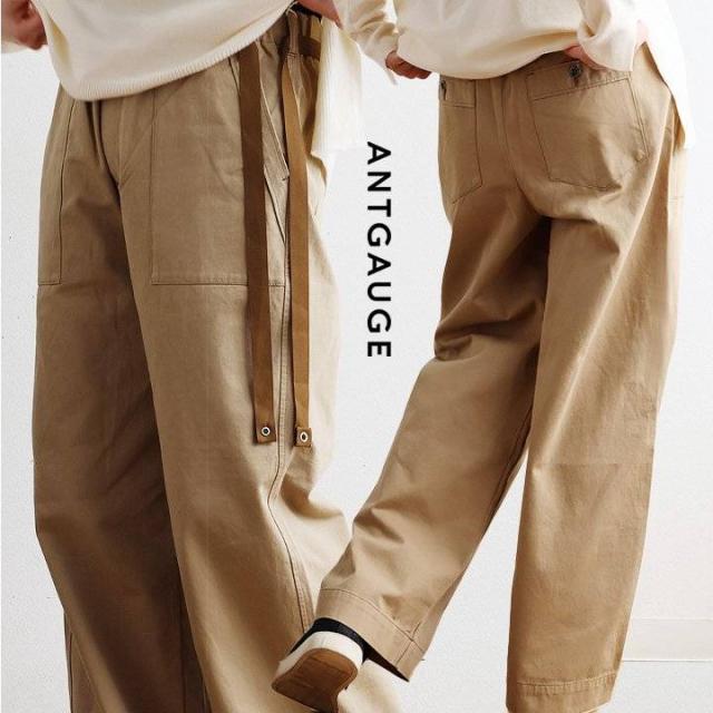 Antgauge アントゲージ ベイカーパンツ ワイドパンツ レディース 無地 綿 コットン キュプラ 伸縮性 ハリ しっかり生地 ウエストゴム ゆったり オフィスカジュアル 秋 冬 春 パティ