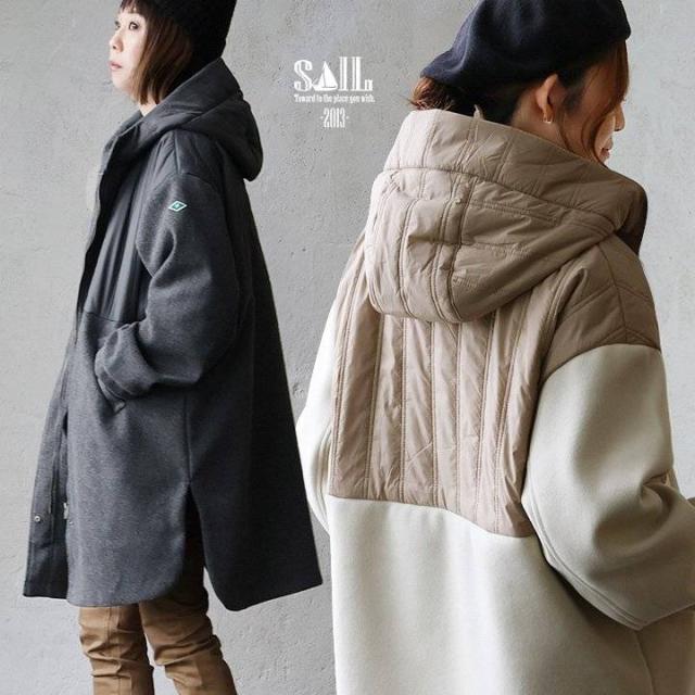 コート レディース 冬 着痩せ メルトンコート 裏地付き アウター キルティング 切り替え 落ち感 柔らかい 軽い 防寒 暖かい 袖リブ ミドル丈 ハイネック ドロップショルダー ゆったり 大きいサイズ パティ SAIL セイル