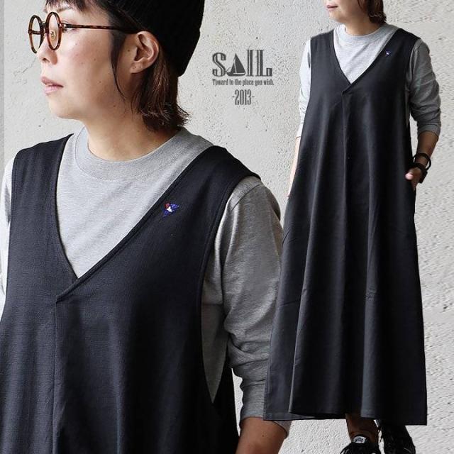 ワンピース ロング丈 レディース 刺繍 ワンポイント 綿麻 コットン リネン ストレッチ 着痩せ ワイド Vネック 重ね着 体系カバー ブラック 黒 ノースリーブ ベスト 仕事 オフィス カジュアル パティ SAIL セイル