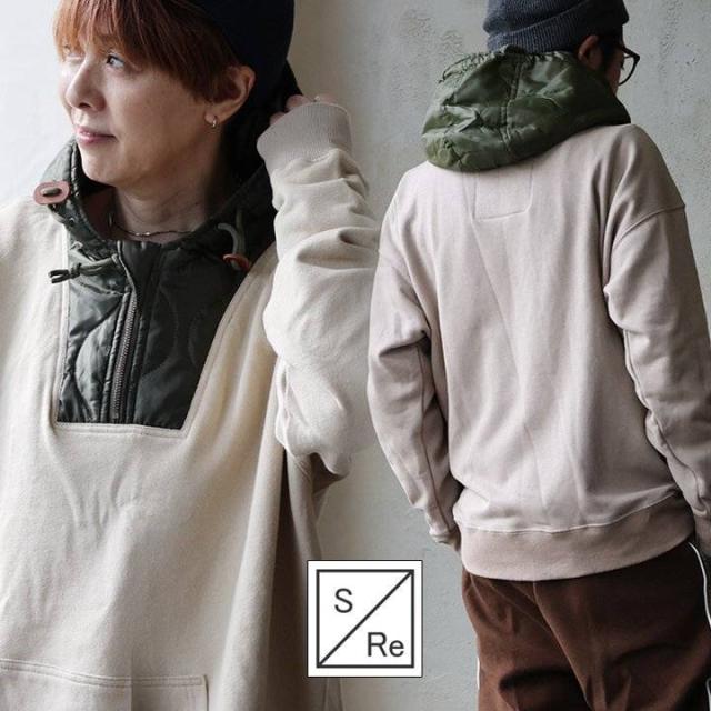 パーカー スモックパーカー 長袖 メンズ レディース 異素材切り替え 配色 薄中綿 キルティング 裏毛 ハーフジップ ポケット ゆったり 大きいサイズ カジュアル ミリタリー 秋 冬 春 パティ S_re: スリー